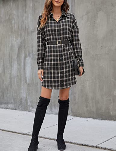 HangNiFang Long Flannel Shirts for Women Button Down Plaid Shirts Dresses Pocketed(0652-Black-XL)