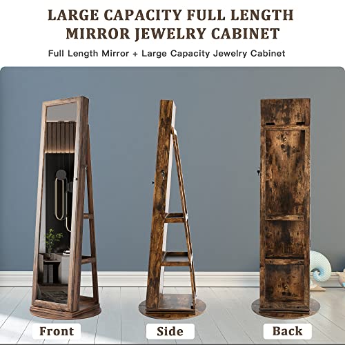 Lvifur 360° Rotating Jewelry Armoire 6 LEDS, Full Length Mirror Large Capacity Jewelry Organizer Armoire, Lockable Floor Standing Mirror for Bedroom, Cloakroom