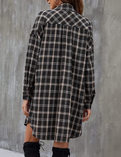 HangNiFang Long Flannel Shirts for Women Button Down Plaid Shirts Dresses Pocketed(0652-Black-XL)