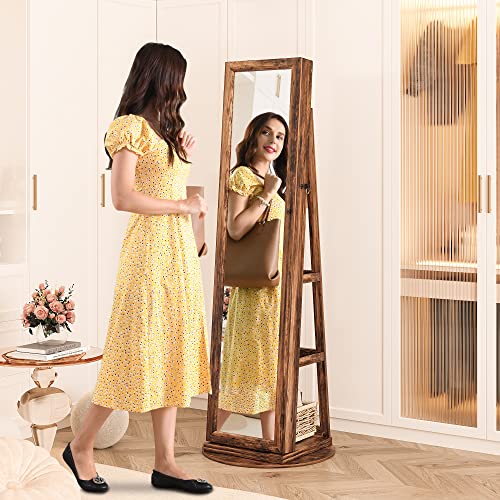Lvifur 360° Rotating Jewelry Armoire 6 LEDS, Full Length Mirror Large Capacity Jewelry Organizer Armoire, Lockable Floor Standing Mirror for Bedroom, Cloakroom