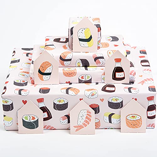 CENTRAL 23 Pink Wrapping Paper - Sushi Faces - 6 Gift Wrap Sheets - Trendy GiftWrap for Girls Women Teenagers - Eco and Recyclable