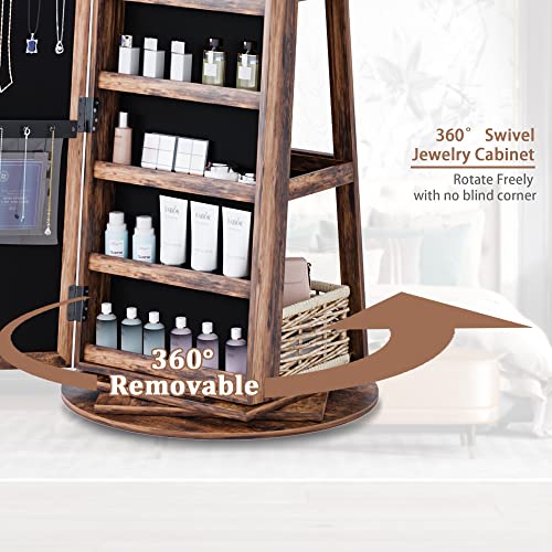 Lvifur 360° Rotating Jewelry Armoire 6 LEDS, Full Length Mirror Large Capacity Jewelry Organizer Armoire, Lockable Floor Standing Mirror for Bedroom, Cloakroom
