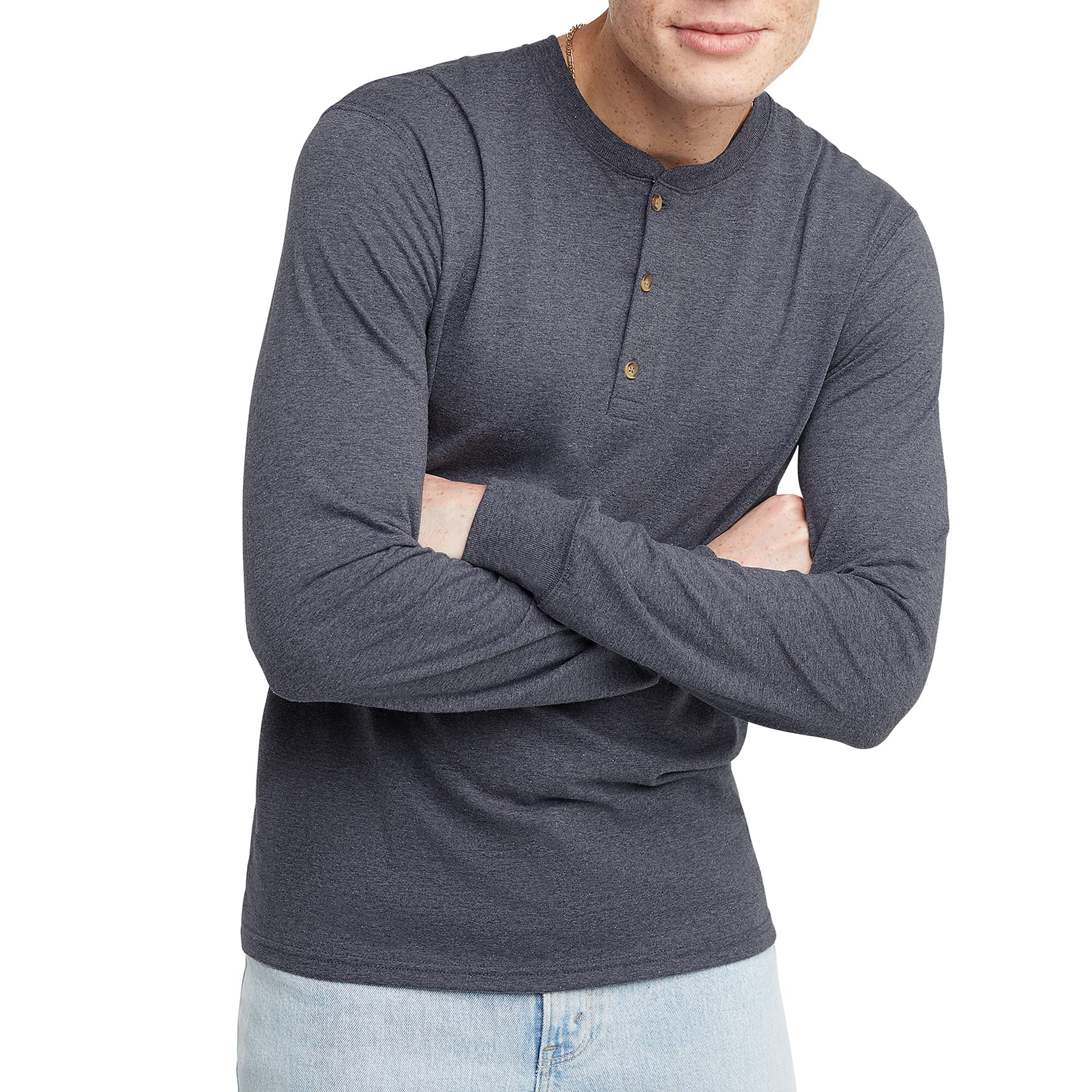 Hanes Comfortblend Hanes Originals Men's Tri-Blend Long Sleeve Henley, Athletic Navy PE Heather, Large