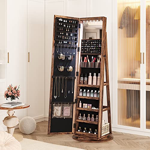 Lvifur 360° Rotating Jewelry Armoire 6 LEDS, Full Length Mirror Large Capacity Jewelry Organizer Armoire, Lockable Floor Standing Mirror for Bedroom, Cloakroom