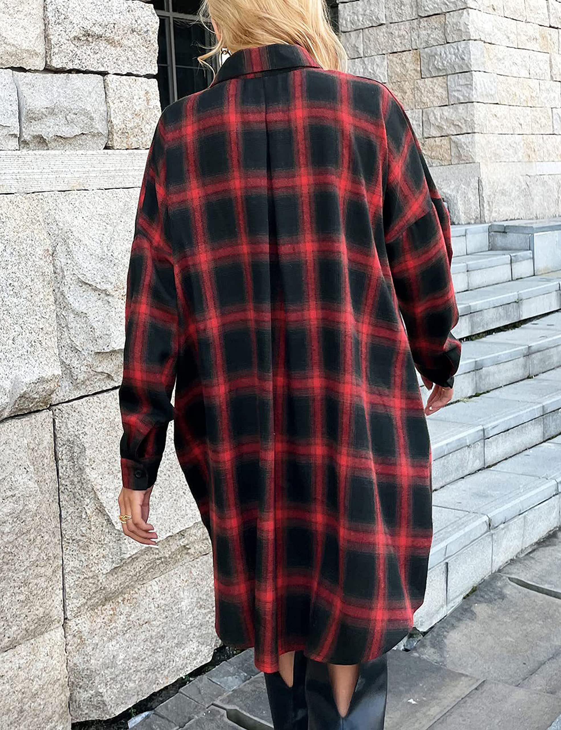 HangNiFang Long Flannel Shirts for Women Button Down Plaid Shirts Dresses Pocketed(0652-Red-XXL)