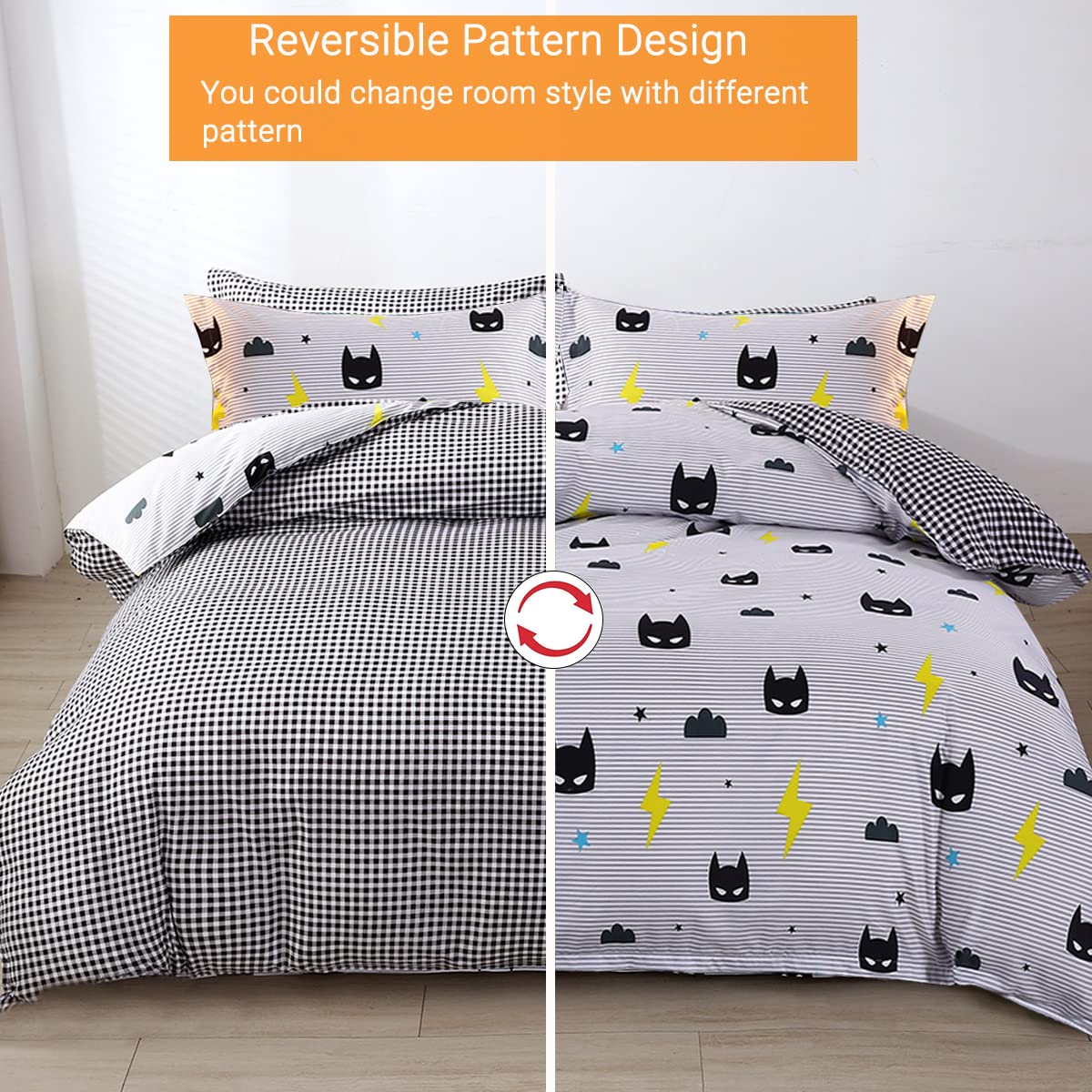 Akiky Plaid Duvet Cover Set Full Comforter Cover Set Cartoon and Buffalo Check Gingham Geometric Checker Pattern Printed in White and Black Reversible Bedding Set with Zipper Closure