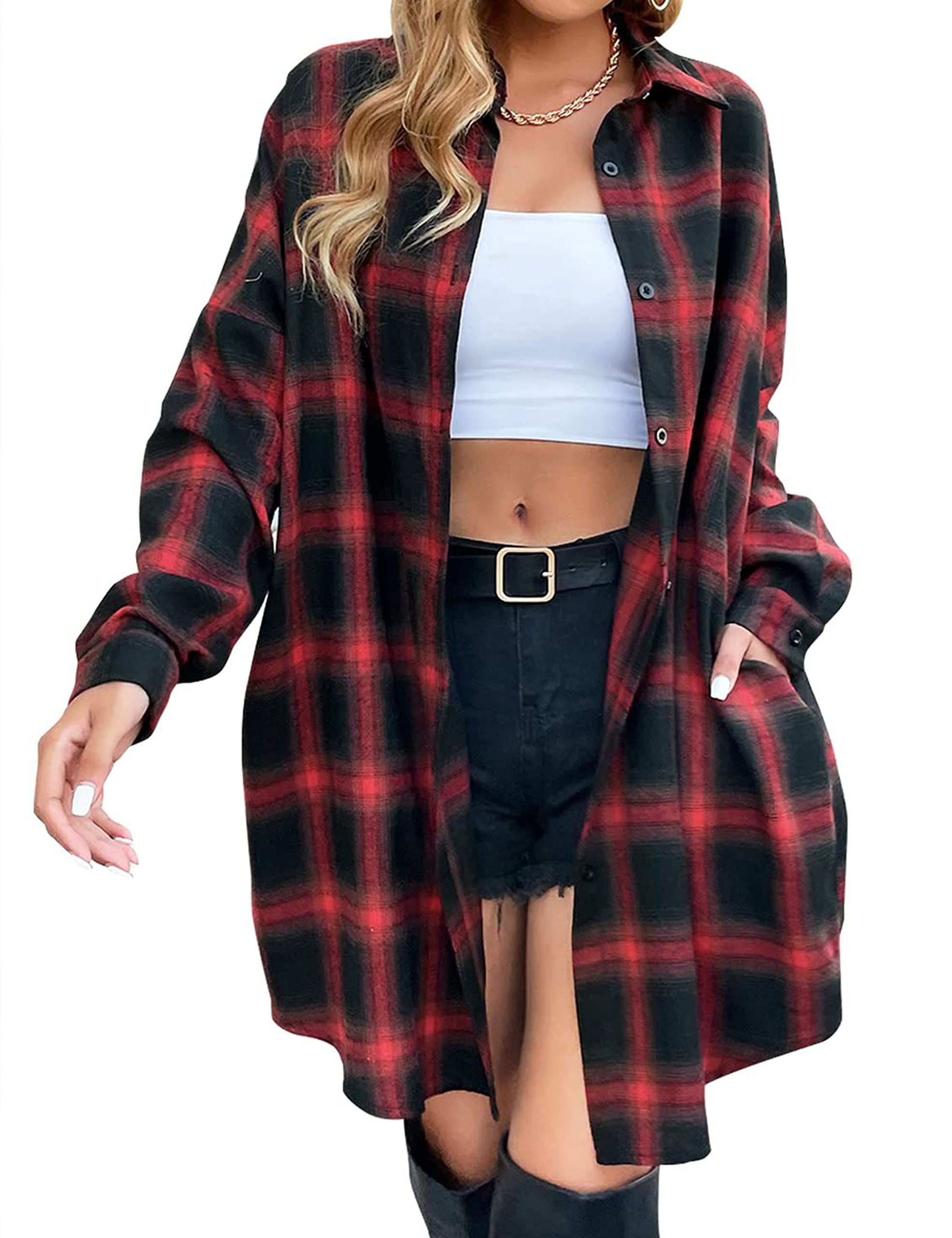 HangNiFang Long Flannel Shirts for Women Button Down Plaid Shirts Dresses Pocketed(0652-Red-XXL)