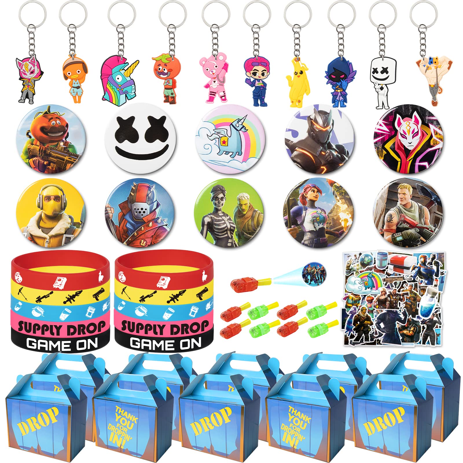 Game Party Supplies for Kids, 100 Pcs Party Favors - Bracelet, Gift Box, Button Pins, Key Chain, Stickers, Finger Light for Kids Themed Party