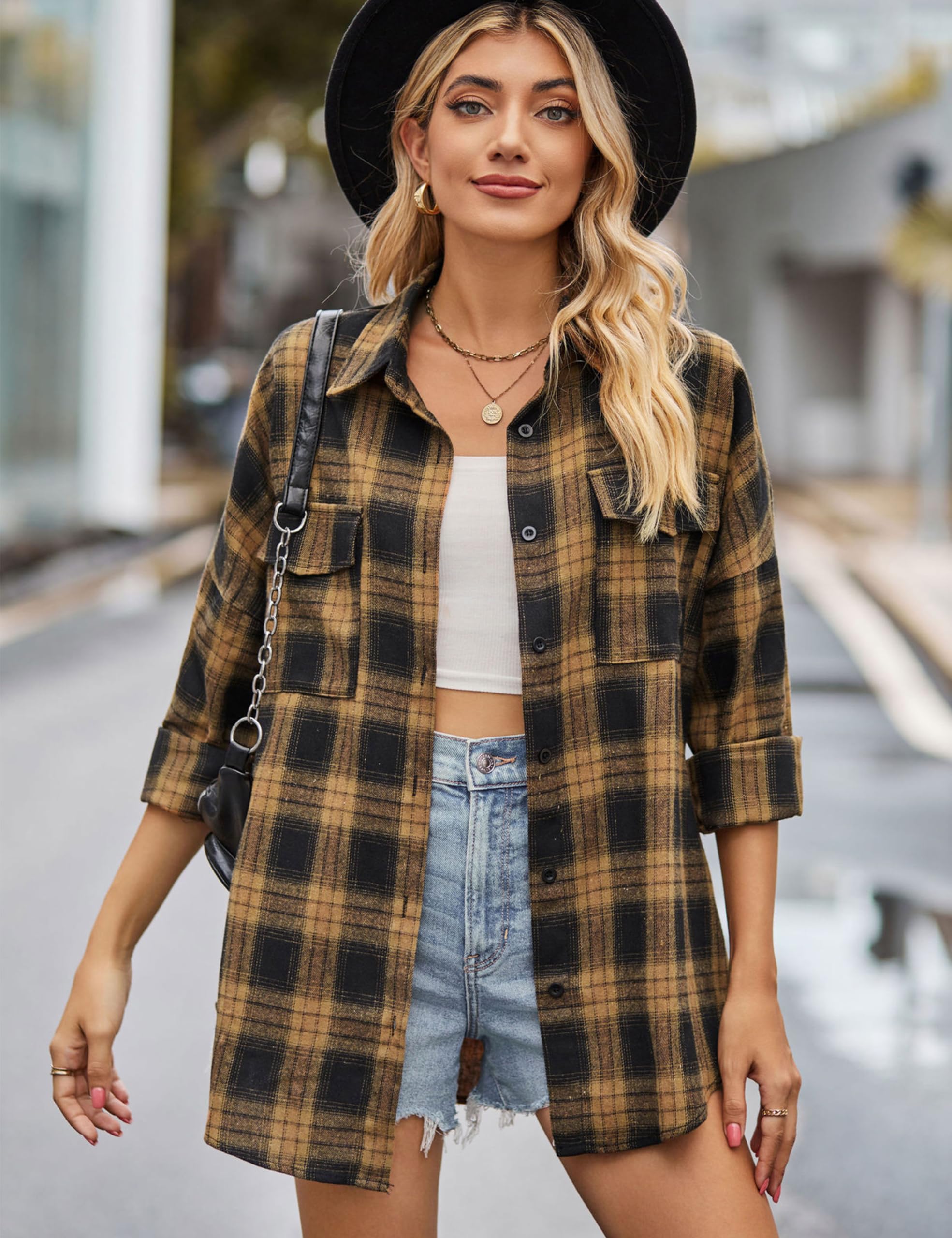 Zontroldy Womens Flannel Plaid Shirts Oversized Lightweight Buffalo Plaid Button Down Shirt Blouse Tops (0355-02Brown-S)