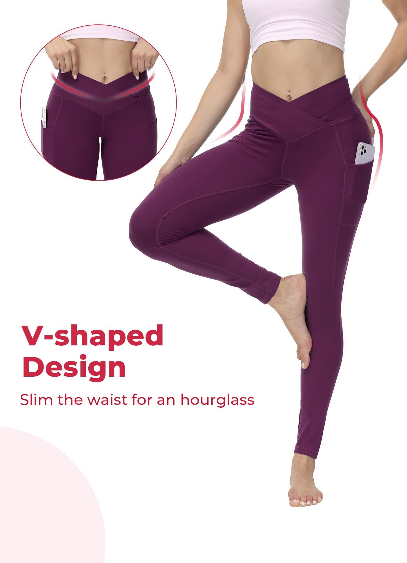 ALONG FIT V Crossover Leggings for Women Cross Waisted Yoga Pants with Pockets Tummy Control Non-See Workout Leggings