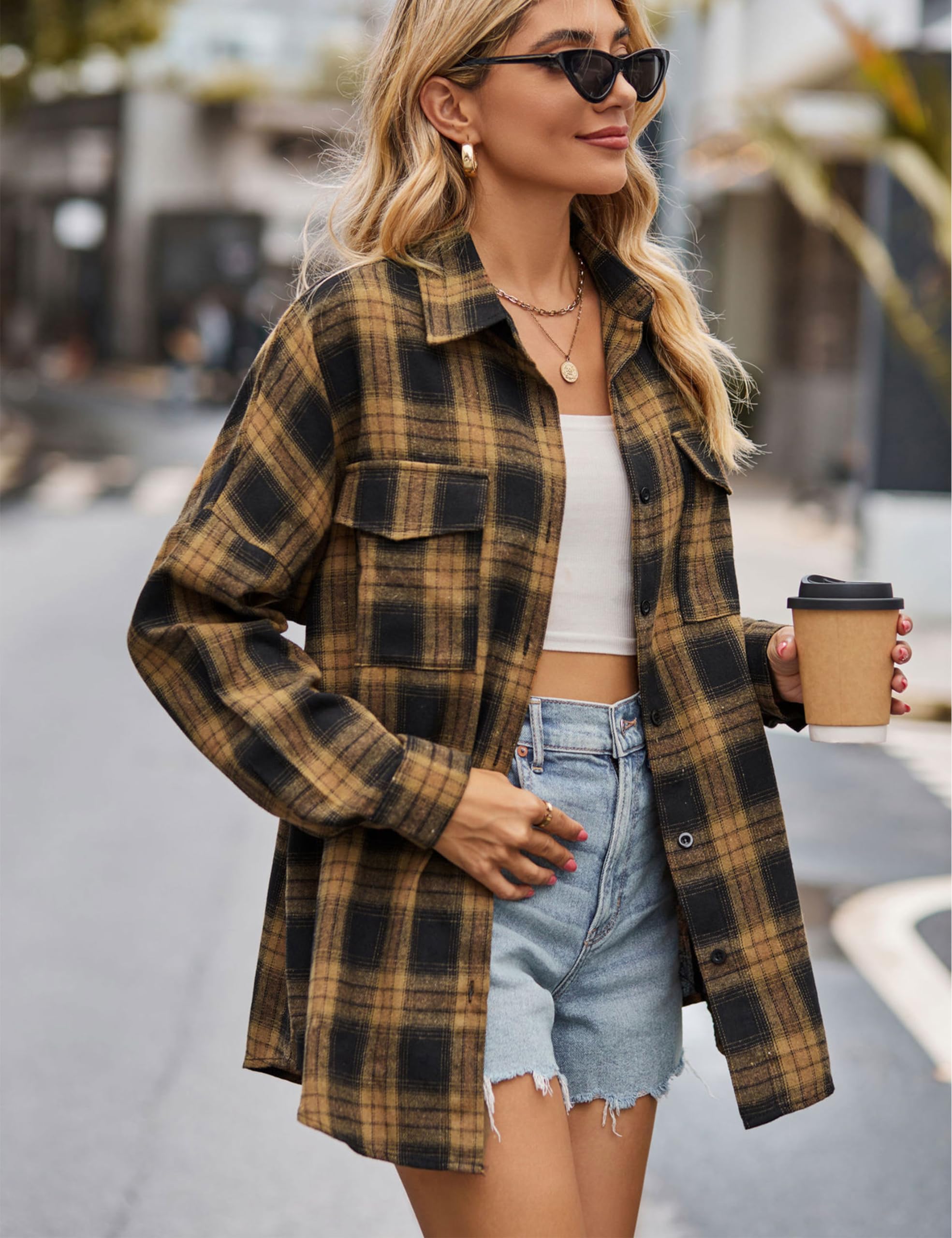 Zontroldy Womens Flannel Plaid Shirts Oversized Lightweight Buffalo Plaid Button Down Shirt Blouse Tops (0355-02Brown-S)