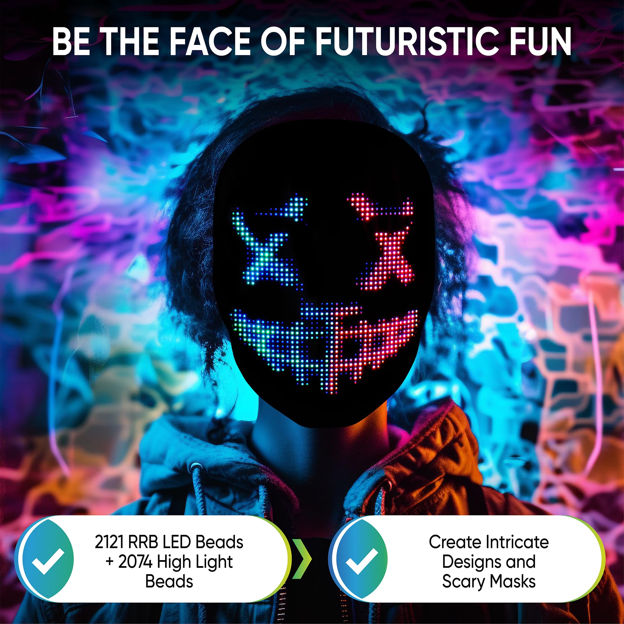 Face Transforming LED Mask - Electronic Changing Facial Cover with Bluetooth App, Programmable & Customizable Lighting Effect (AA -BATTERIES)