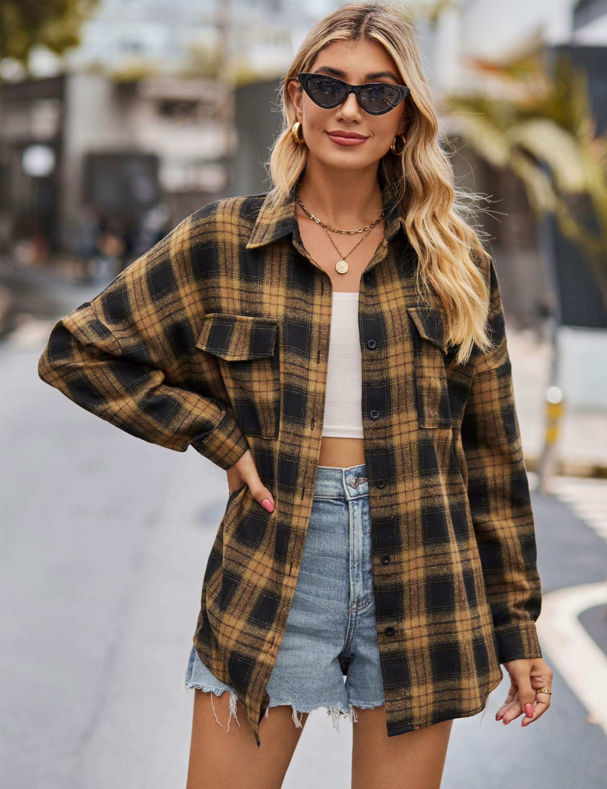 Zontroldy Womens Flannel Plaid Shirts Oversized Lightweight Buffalo Plaid Button Down Shirt Blouse Tops (0355-02Brown-S)