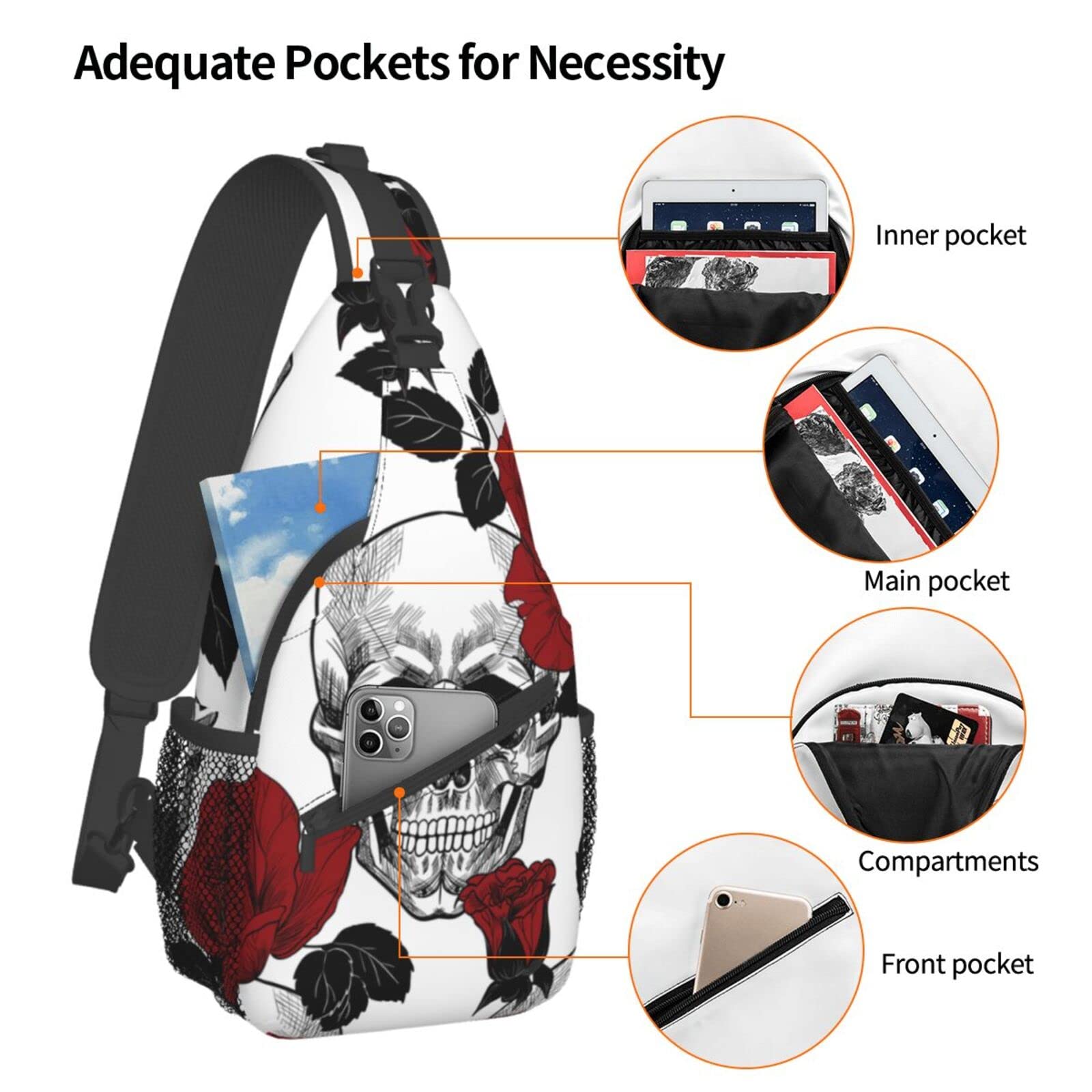 Lunepon Rose And Skull Sling Backpack Crossbody Shoulder Bags For Women Men, Sling Bag Travel Hiking Chest Bag Daypack Unisex