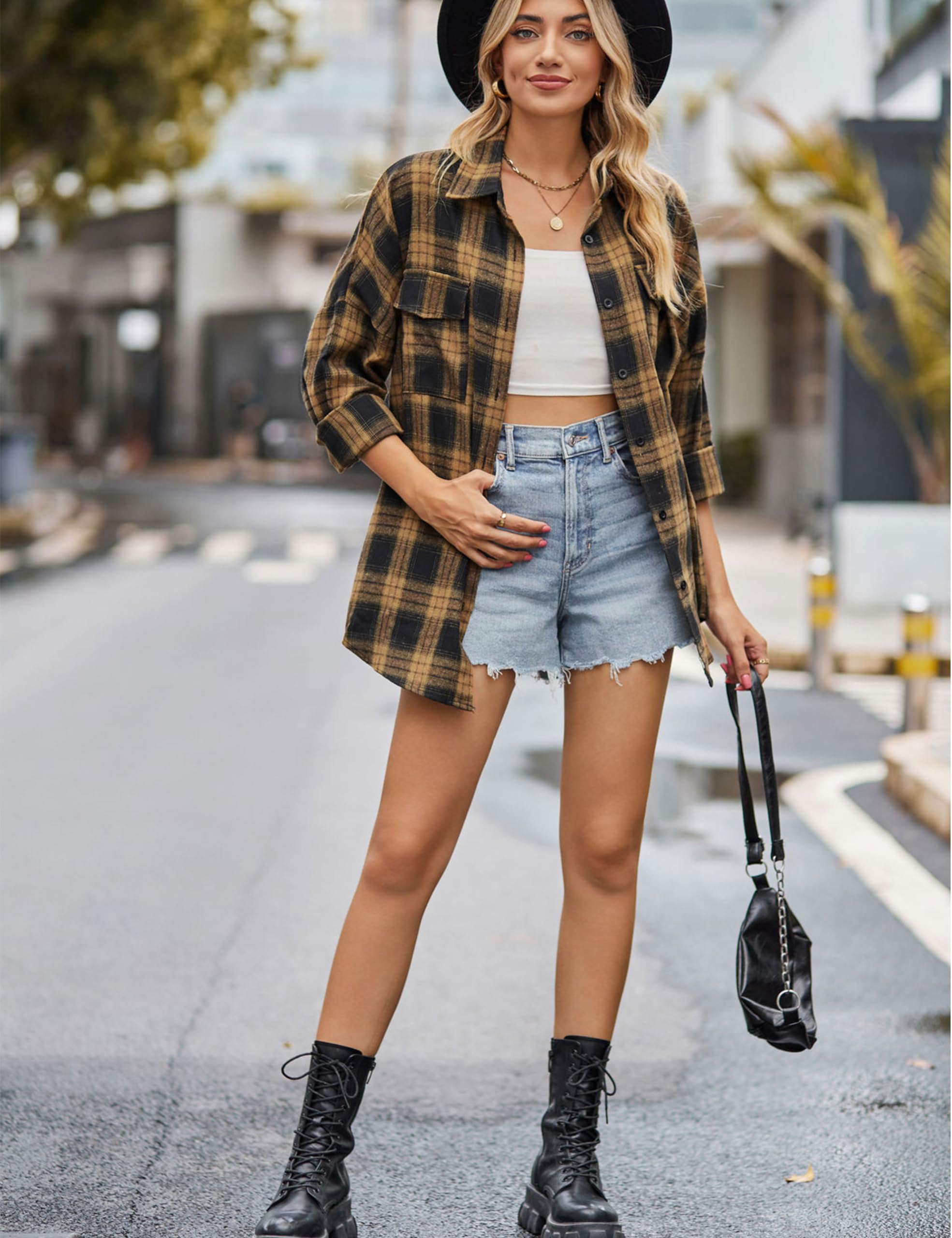 Zontroldy Womens Flannel Plaid Shirts Oversized Lightweight Buffalo Plaid Button Down Shirt Blouse Tops (0355-02Brown-S)