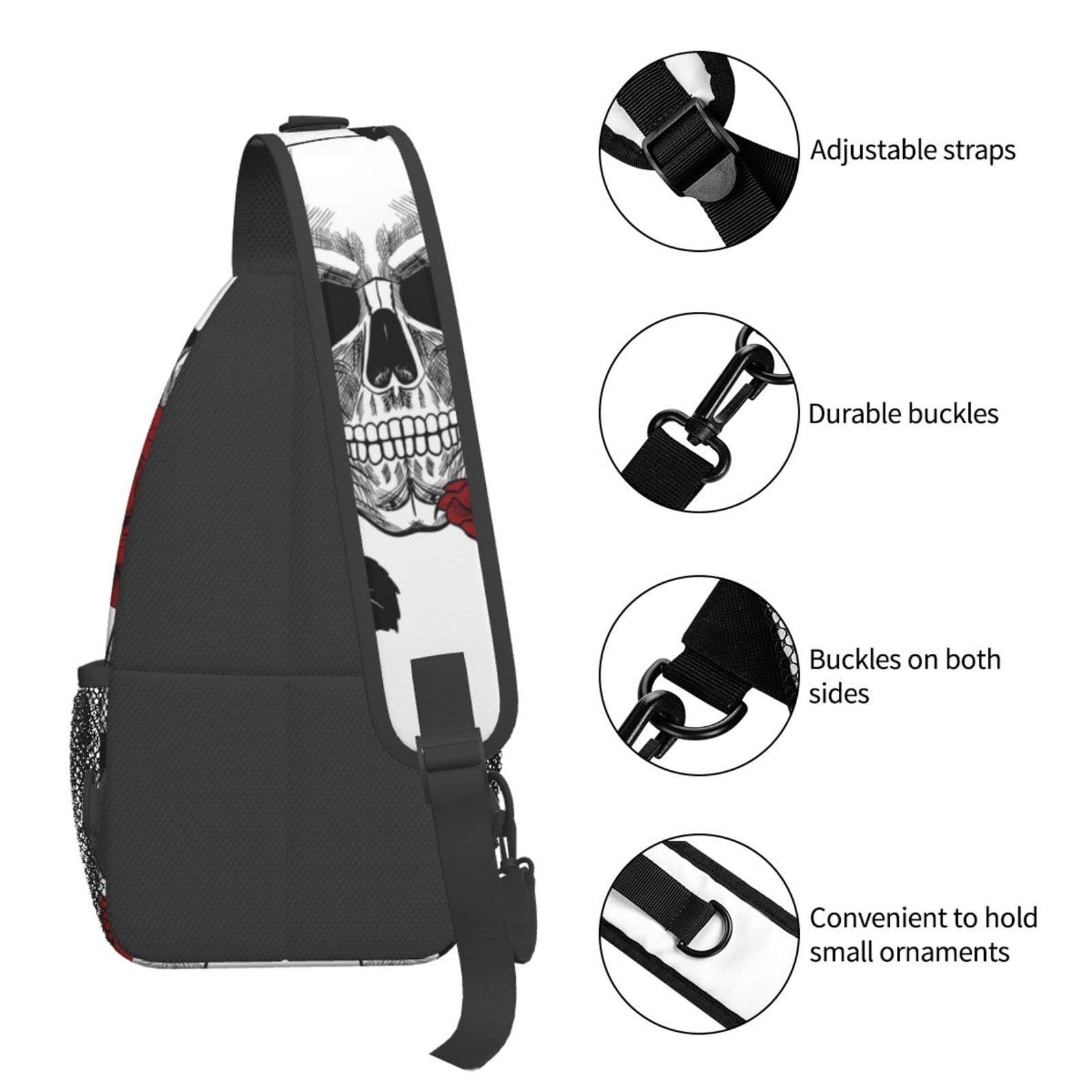Lunepon Rose And Skull Sling Backpack Crossbody Shoulder Bags For Women Men, Sling Bag Travel Hiking Chest Bag Daypack Unisex
