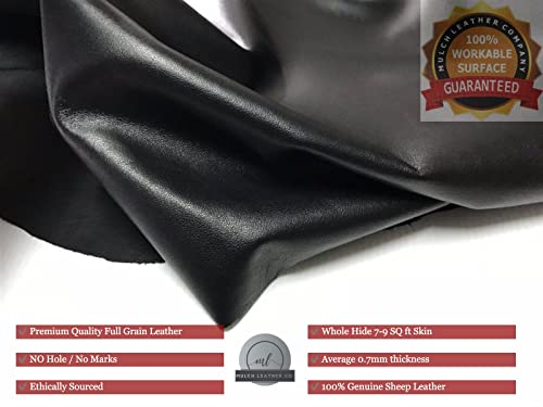 Black Whole Nappa Soft Premium Quality Sheepskin Genuine Leather Hide- NO Holes & Cuts (Black, Full Hide(7-9 sq. ft))