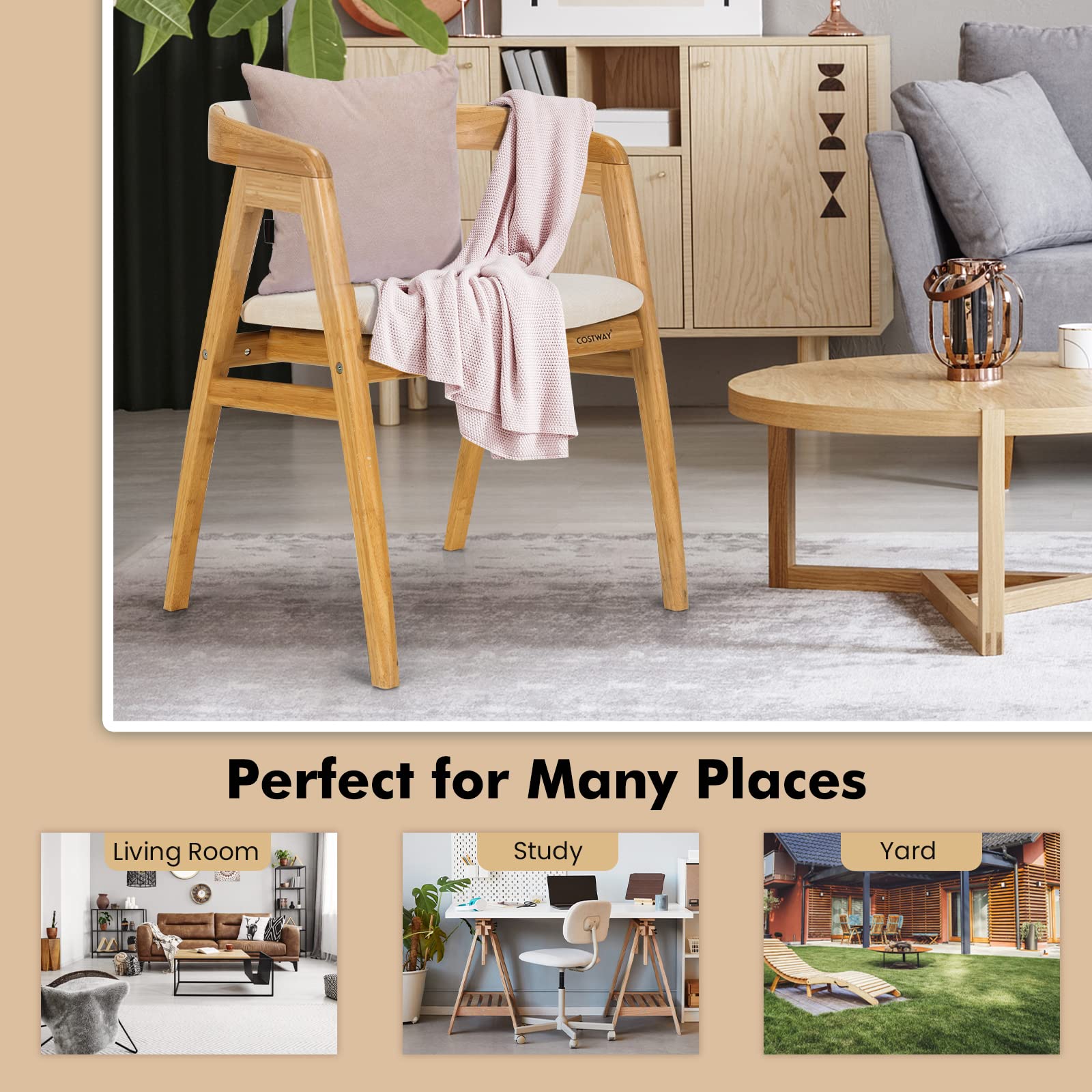 COSTWAY Bamboo Accent Chair, Modern Painted Bamboo Leisure Chair w/Comfy Fiber Cushion, Curved Backrest, Solid Legs, Upholstered Armchair for Living Room, Bedroom, Dining Room, Natural (1)