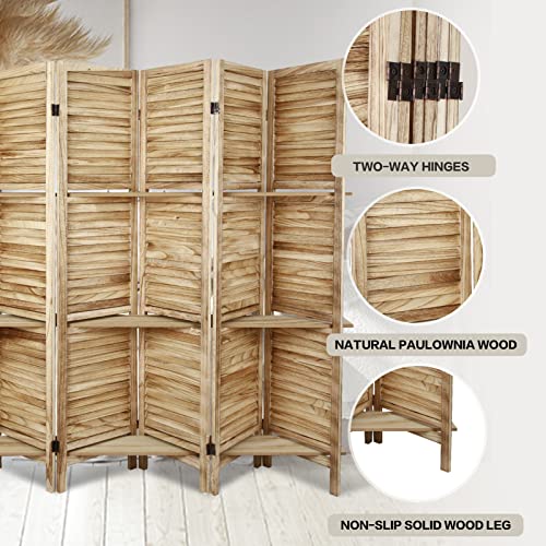 ECOMEX Room Divider 6 Panel, Wood Folding Room Divider Screen, Room Divider with Shelves and Easy Move Partition, Freestanding Room Screen Divider with Display Shelves (Natural Color)
