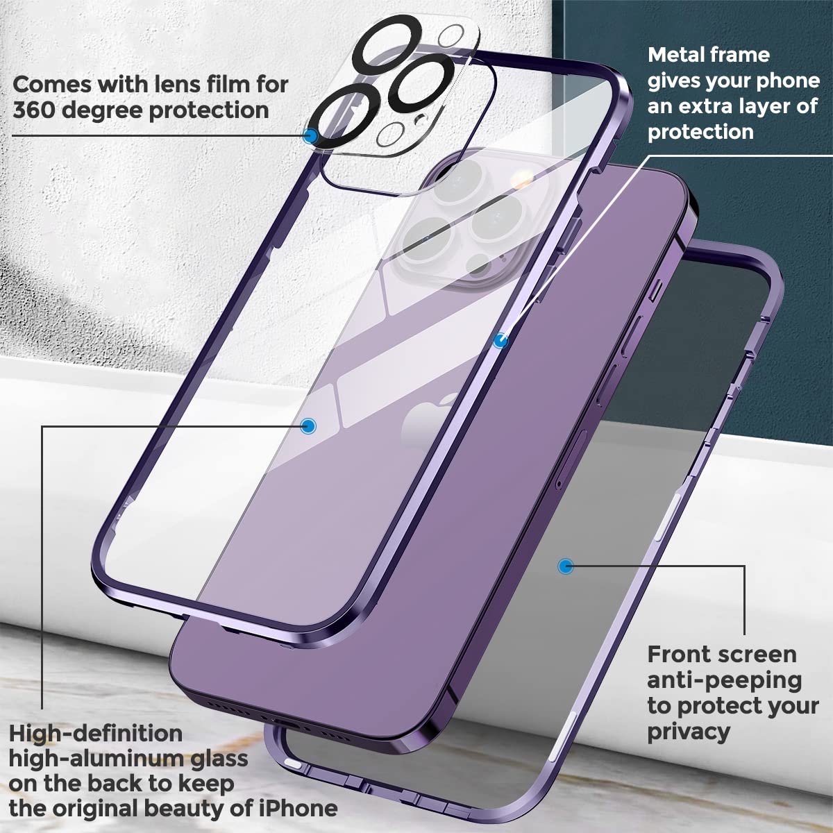 [2023 New Safety Lock+Camera Protector] Magnetic Case for iPhone 14 Pro Max,[100% Screen Sensitivity ][Anti-Peeping Screen Protector] Double Sided 9H Glass Privacy Case for iPhone 14 Pro Max