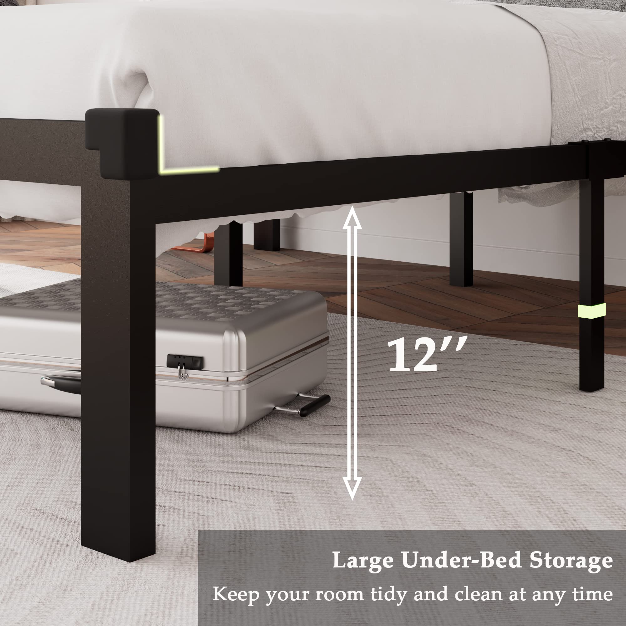 Feonase Full Size Metal Bed Frame with Faux Leather Button Tufted Headboard, Heavy-Duty Platform Bed Frame with 12" Storage, Steel Slats Support, No Box Spring Needed, Noise Free, Black