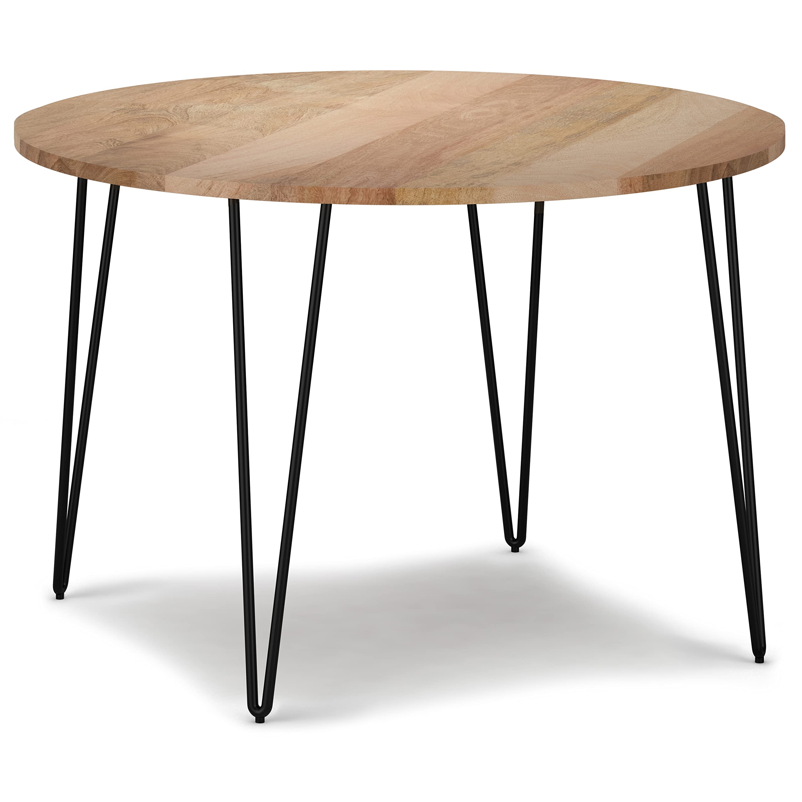 SIMPLIHOME Hunter Round Dining Table, Solid Mango Wood Tabletop in Natural and Powder-Coated Iron Metal Base in Black, 45-inches Round, Modern Industrial Kitchen Table for up to 4 People