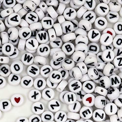 WangLaap 1450Pcs Acrylic 4x7mm Round Letter Beads Kits Alphabet Beads A-Z and Red Heart Black Star Beads for Bracelets Necklaces DIY Jewelry Making (White)