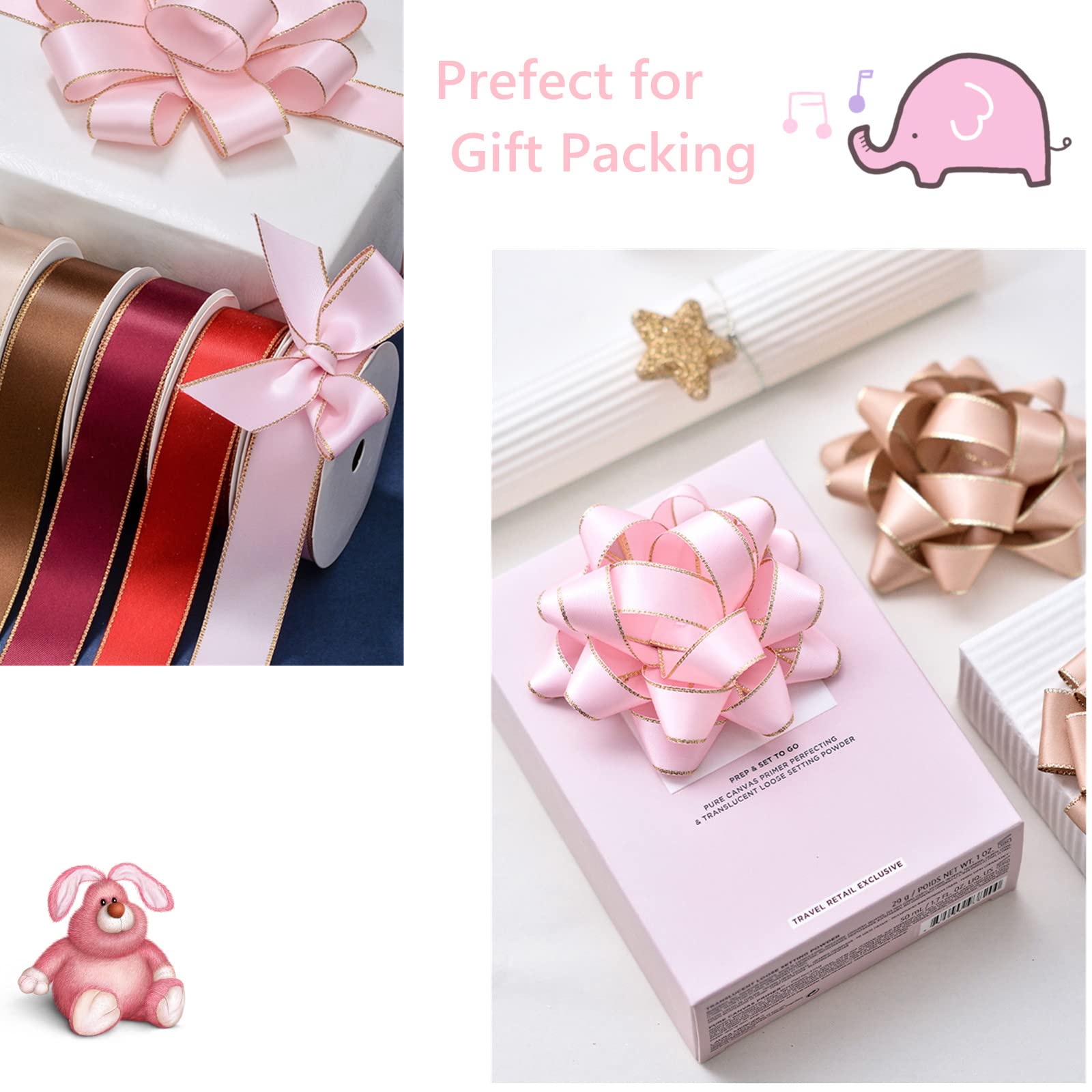 VIVIQUEN Pink Double Faced Satin Ribbon with Gold Edge, 1β Polyester Continuous Ribbon -25 Yards,Wide Ribbon for Gift Wrapping,Wedding,Bows Bouquet,Floral Arrangement and Craft