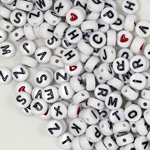 WangLaap 1450Pcs Acrylic 4x7mm Round Letter Beads Kits Alphabet Beads A-Z and Red Heart Black Star Beads for Bracelets Necklaces DIY Jewelry Making (White)