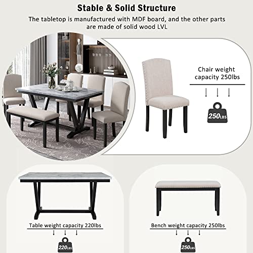 LCH Sets Modern Style 6-Piece Dining 4 Chairs & 1 Bench, Marbled Veneers Tabletop and V-Shaped Table Legs, Ideal for Restaurant or Family Bistro, Simple and Elegant (White)