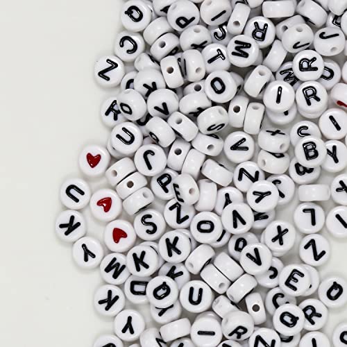 WangLaap 1450Pcs Acrylic 4x7mm Round Letter Beads Kits Alphabet Beads A-Z and Red Heart Black Star Beads for Bracelets Necklaces DIY Jewelry Making (White)