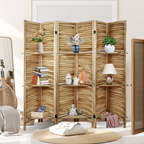 ECOMEX Room Divider 6 Panel, Wood Folding Room Divider Screen, Room Divider with Shelves and Easy Move Partition, Freestanding Room Screen Divider with Display Shelves (Natural Color)
