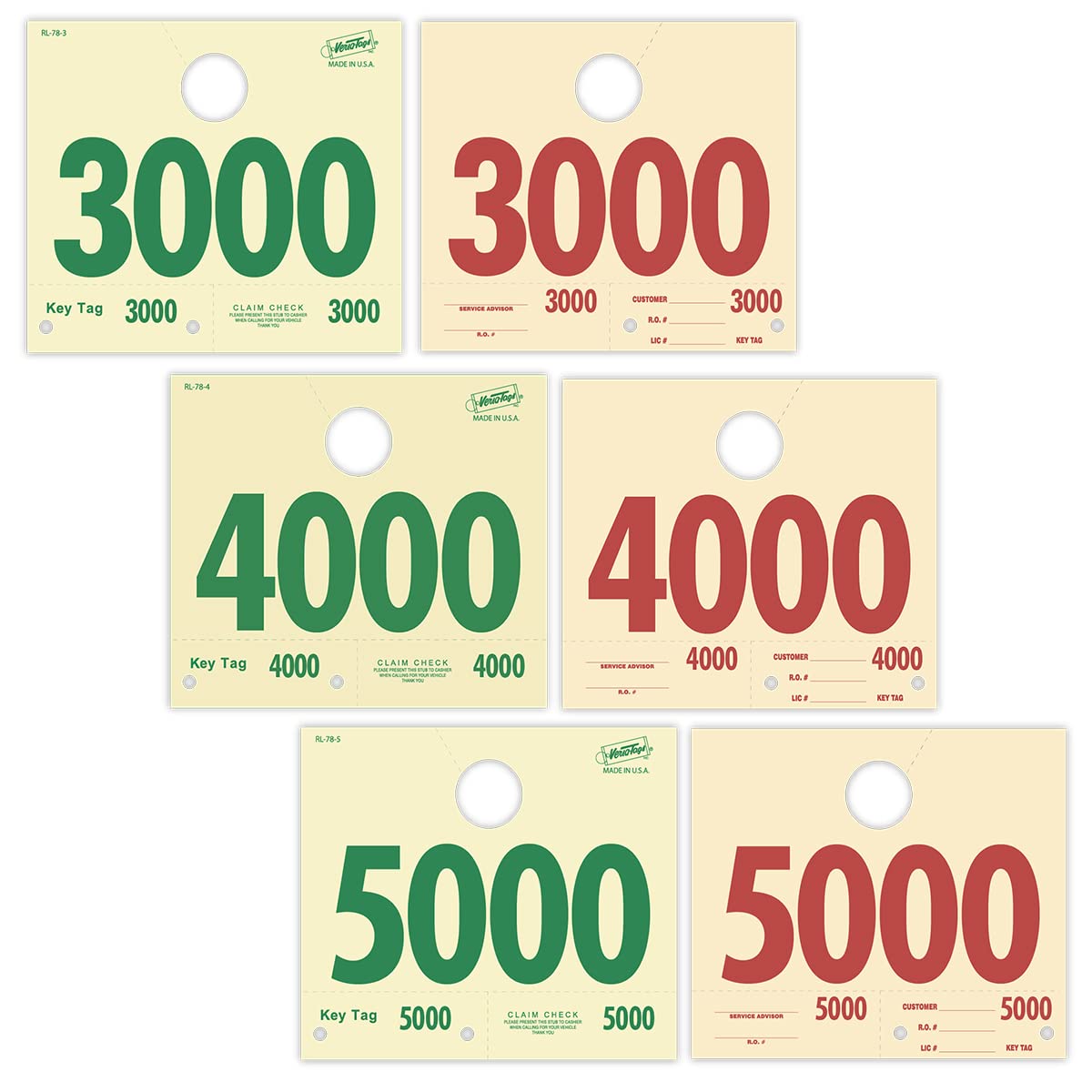 3000 Automotive Service Dispatch Numbers Mirror Hang Tags Numbered 3000, 4000, 5000 RL78 Style Red Green Service Dispatch Numbers Manilla Card Stock with 1.25 Slotted Hang Cutout