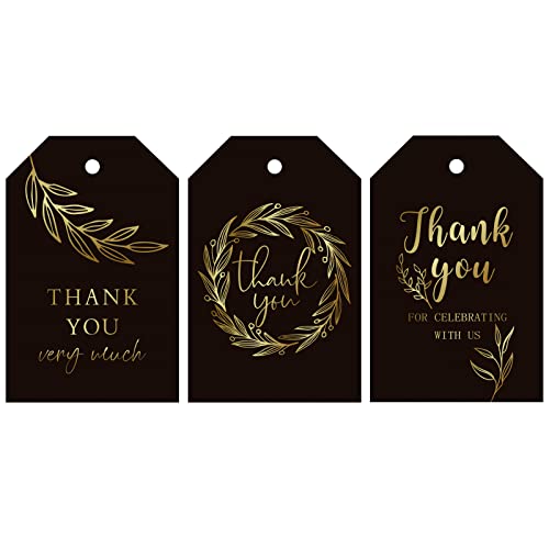 Whaline 120Pcs Thank You Tags Black Bronzing Paper Tags with 98.4ft Hemp Rope Hanging Labels Name Tags for Wedding Baby Shower Birthday Thanksgiving Party DIY Gift Wrapping Favor Decor, 3 Designs