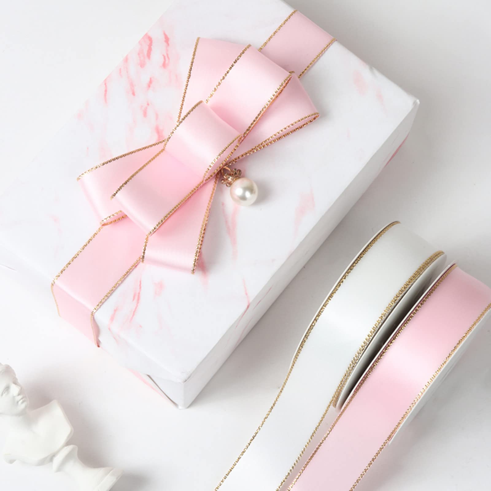 VIVIQUEN Pink Double Faced Satin Ribbon with Gold Edge, 1β Polyester Continuous Ribbon -25 Yards,Wide Ribbon for Gift Wrapping,Wedding,Bows Bouquet,Floral Arrangement and Craft