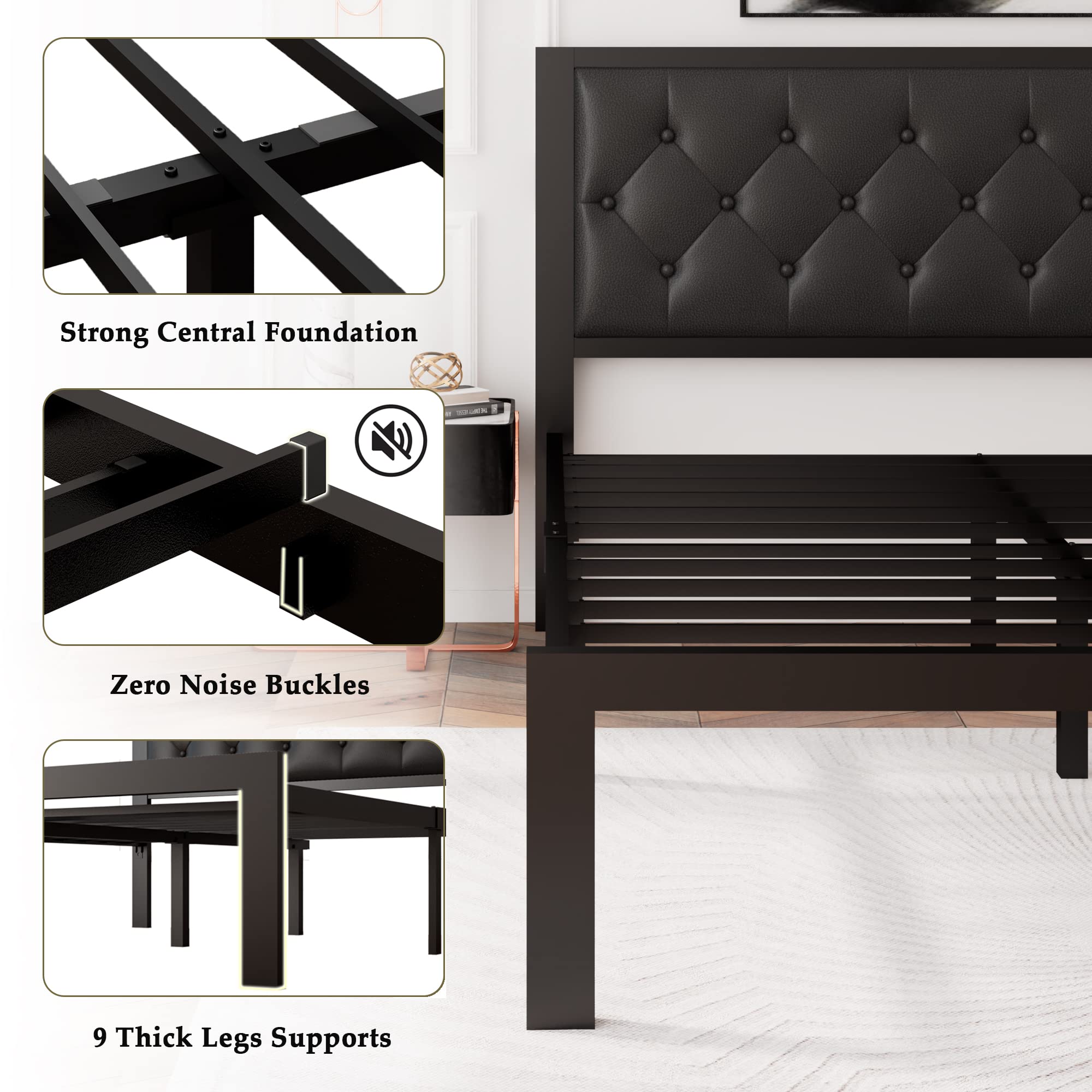 Feonase Full Size Metal Bed Frame with Faux Leather Button Tufted Headboard, Heavy-Duty Platform Bed Frame with 12" Storage, Steel Slats Support, No Box Spring Needed, Noise Free, Black