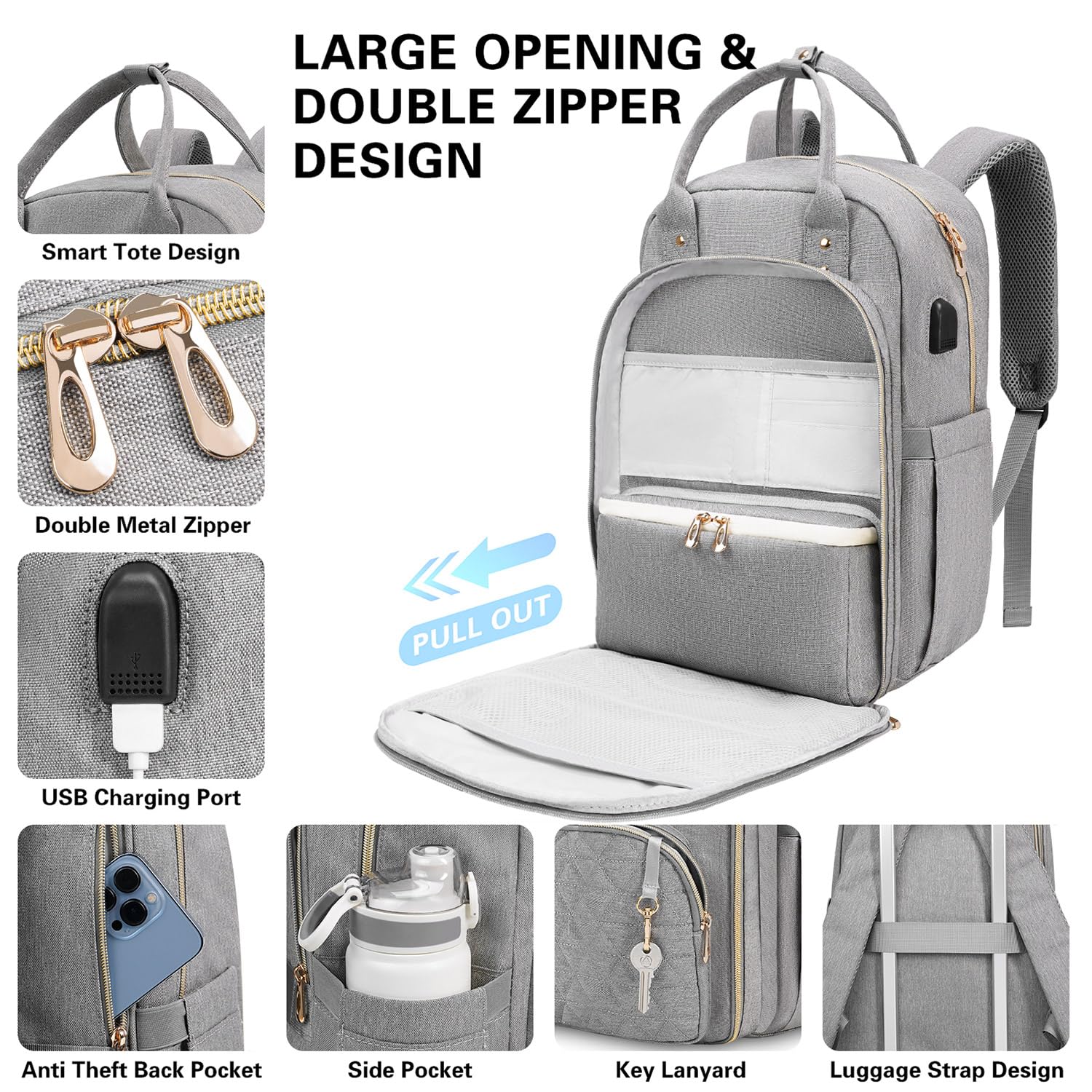 ETRONIK Lunch Backpack for Women, 15.6 inch Laptop Backpack with USB Port, Teacher Nurse Work Backpack with Insulated Cooler Lunch Bag, Travel Bags for Women & Men, Gift, Grey