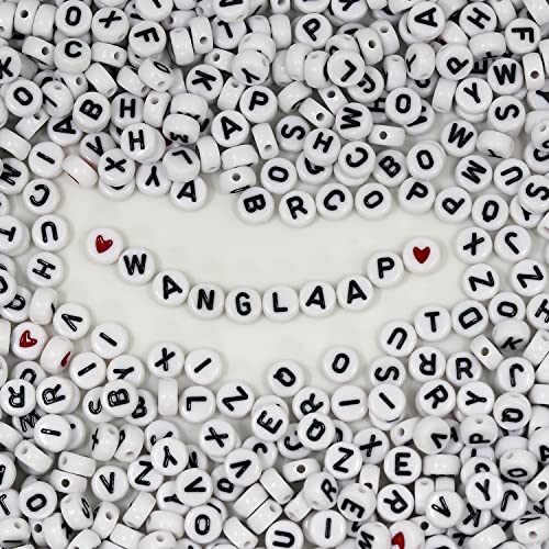 WangLaap 1450Pcs Acrylic 4x7mm Round Letter Beads Kits Alphabet Beads A-Z and Red Heart Black Star Beads for Bracelets Necklaces DIY Jewelry Making (White)