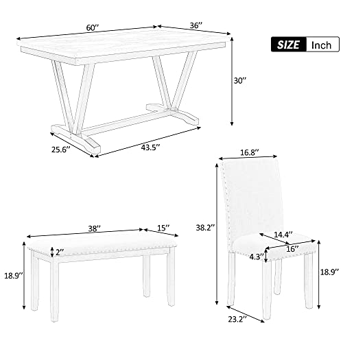 LCH Sets Modern Style 6-Piece Dining 4 Chairs & 1 Bench, Marbled Veneers Tabletop and V-Shaped Table Legs, Ideal for Restaurant or Family Bistro, Simple and Elegant (White)