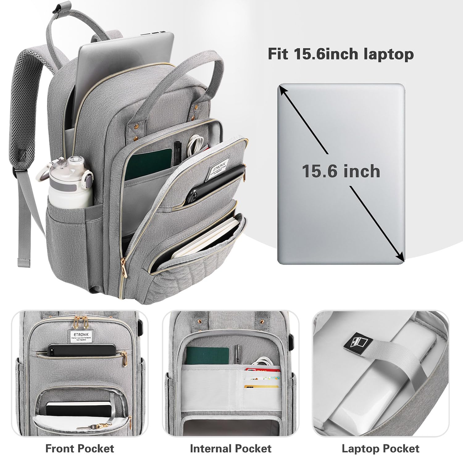 ETRONIK Lunch Backpack for Women, 15.6 inch Laptop Backpack with USB Port, Teacher Nurse Work Backpack with Insulated Cooler Lunch Bag, Travel Bags for Women & Men, Gift, Grey