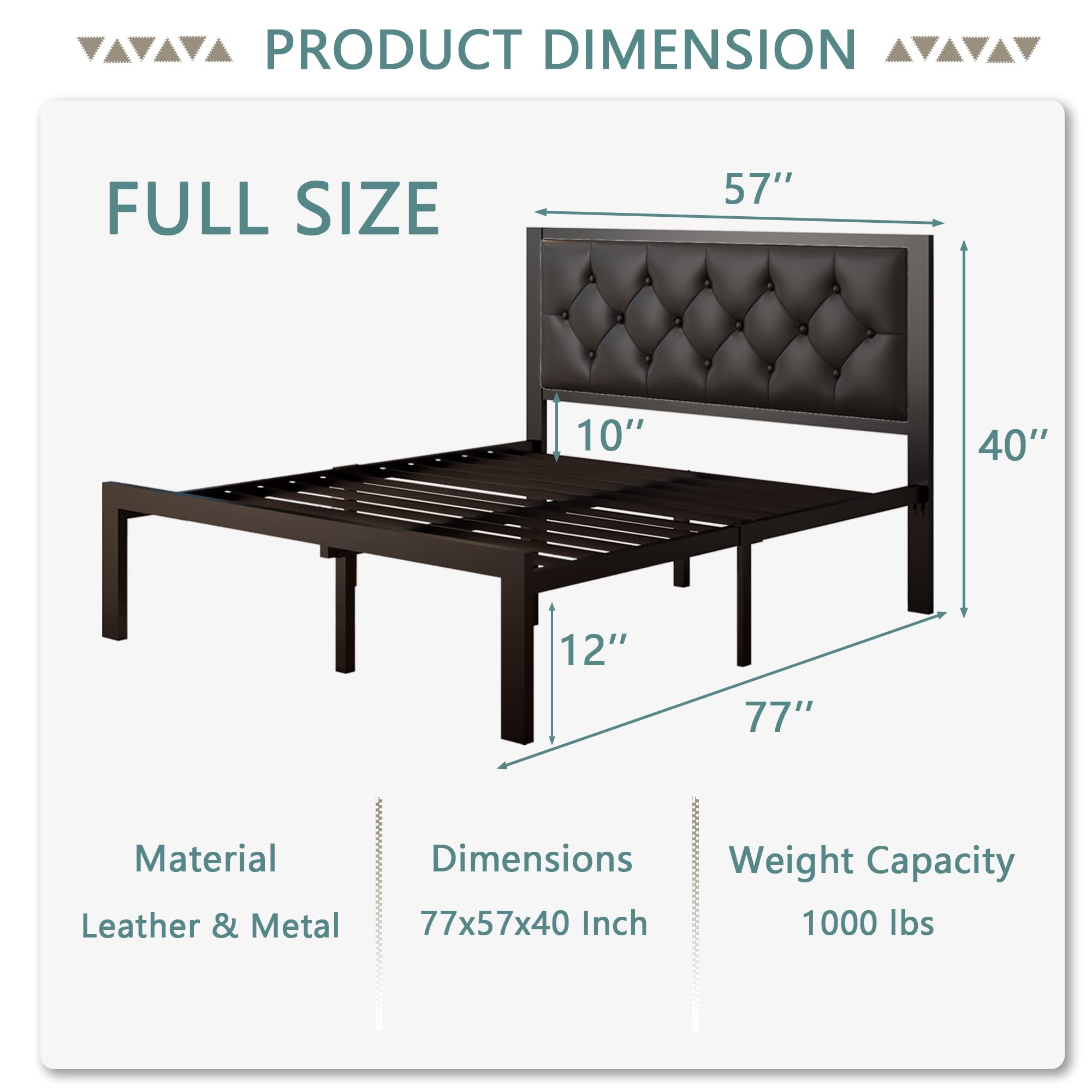 Feonase Full Size Metal Bed Frame with Faux Leather Button Tufted Headboard, Heavy-Duty Platform Bed Frame with 12" Storage, Steel Slats Support, No Box Spring Needed, Noise Free, Black