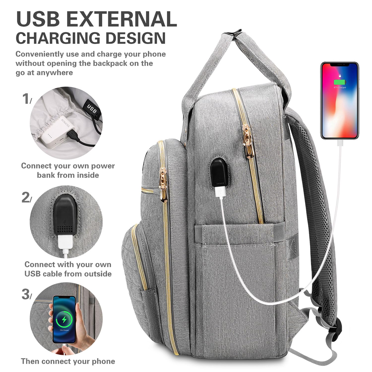 ETRONIK Lunch Backpack for Women, 15.6 inch Laptop Backpack with USB Port, Teacher Nurse Work Backpack with Insulated Cooler Lunch Bag, Travel Bags for Women & Men, Gift, Grey