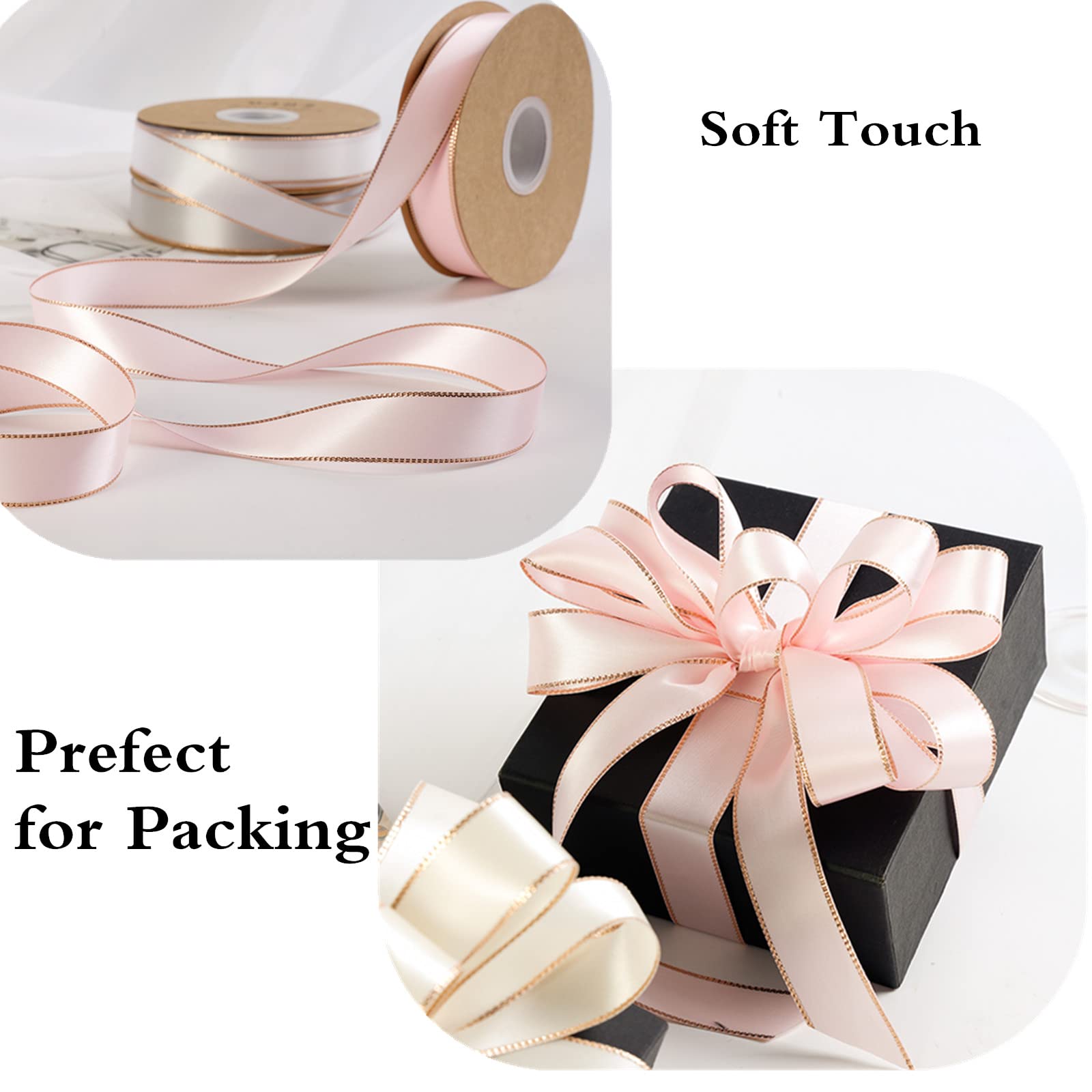 VIVIQUEN Pink Double Faced Satin Ribbon with Gold Edge, 1β Polyester Continuous Ribbon -25 Yards,Wide Ribbon for Gift Wrapping,Wedding,Bows Bouquet,Floral Arrangement and Craft