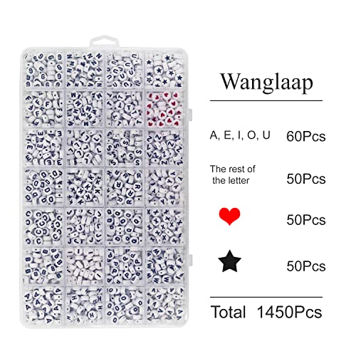 WangLaap 1450Pcs Acrylic 4x7mm Round Letter Beads Kits Alphabet Beads A-Z and Red Heart Black Star Beads for Bracelets Necklaces DIY Jewelry Making (White)