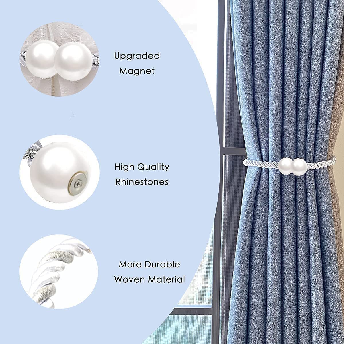 2 Pack Magnetic Curtain Tiebacks Convenient Drape Tie Backs Weave Holder for Window Draperies Hold Curtains Drape Ties Backs 16 inch Holdback (Sliver Gray)