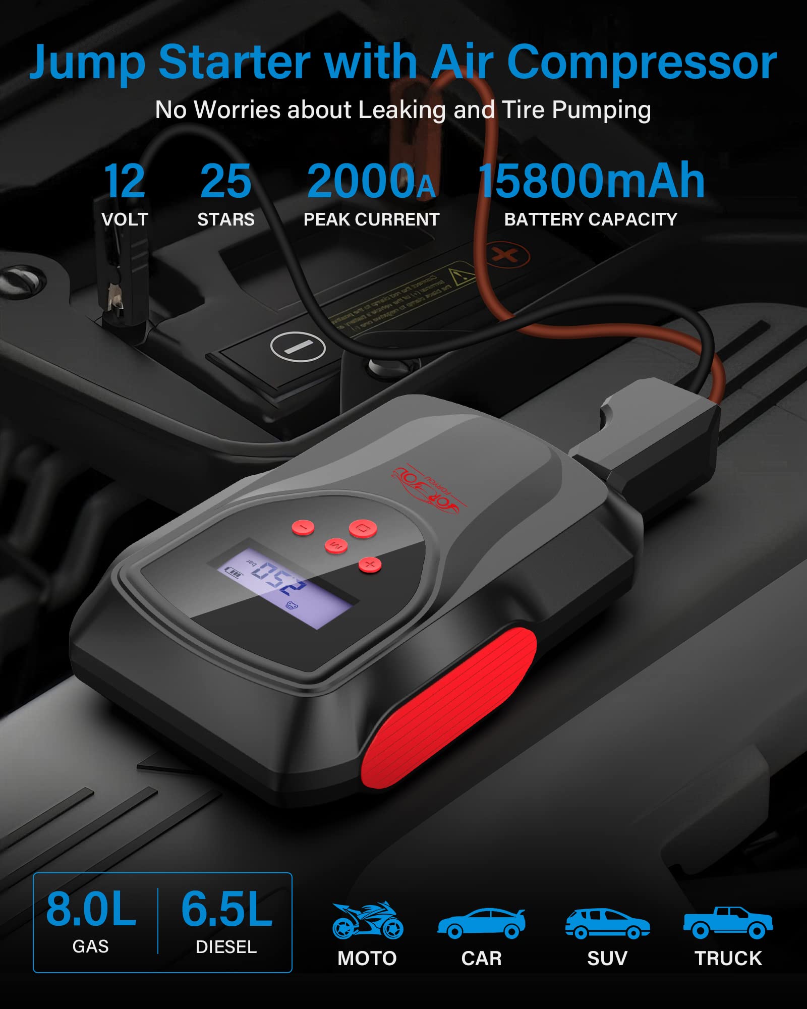 FORYOU Car Jump Starter with Air Compressor, 2000A 12-Volt Jumper Cables Jump Starter Box Car Battery Booster Pack (Up to 6-Liter Gasoline and 3-Liter Diesel Engines) Digital Screen(Black Red)