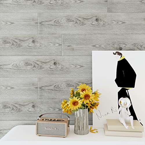 STICKEEP 6 x 36 in Wood Grain Peel and Stick Waterproof Vinyl Floor Tiles, 4 PCS, Light Grey, Residential Grade