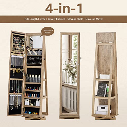 SERWALL 360 Rotating Jewelry Stand Organizer - Jewelry Armoire with Full-Length Mirror- Freestanding Dressing Mirror Jewelry Cabinet Storage - WOOD