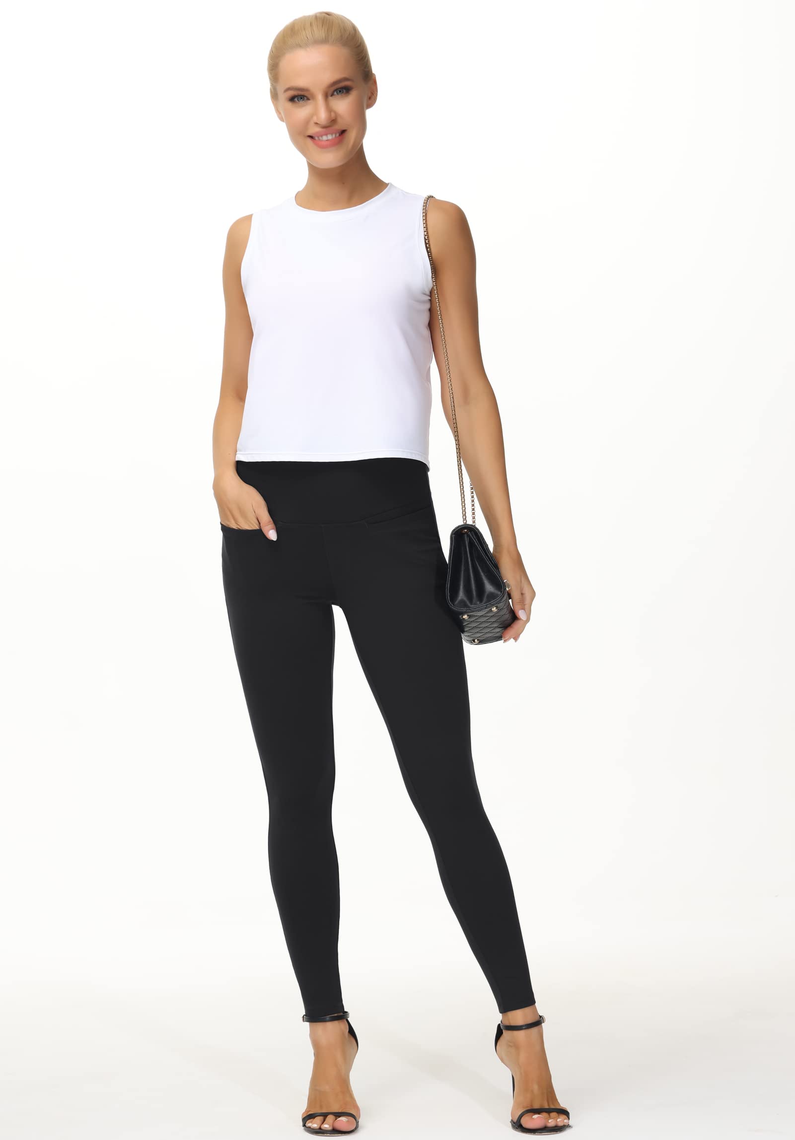THE GYM PEOPLE Women's Casual Yoga Leggings High Waisted Tummy Control Workout Pants with 4 Pockets(Black, Large)
