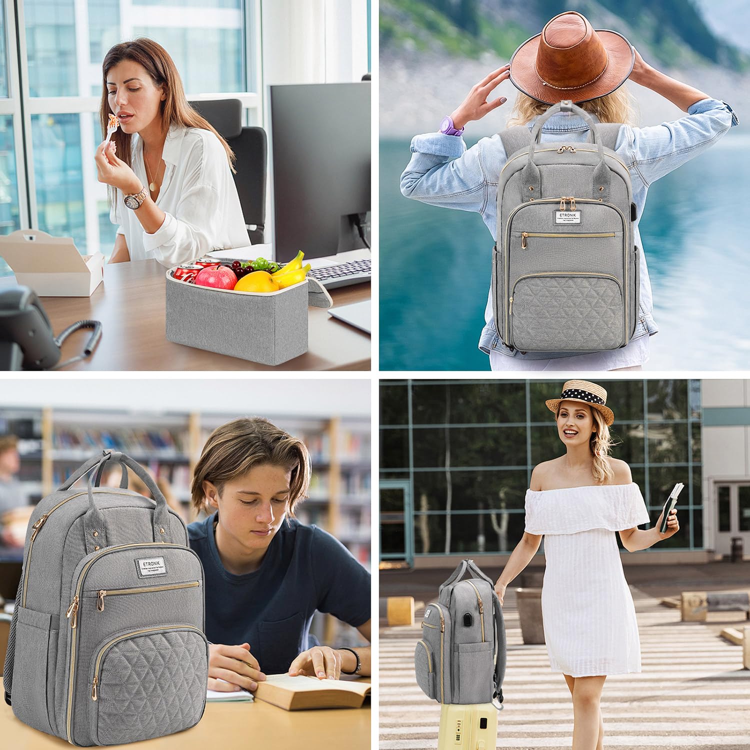 ETRONIK Lunch Backpack for Women, 15.6 inch Laptop Backpack with USB Port, Teacher Nurse Work Backpack with Insulated Cooler Lunch Bag, Travel Bags for Women & Men, Gift, Grey